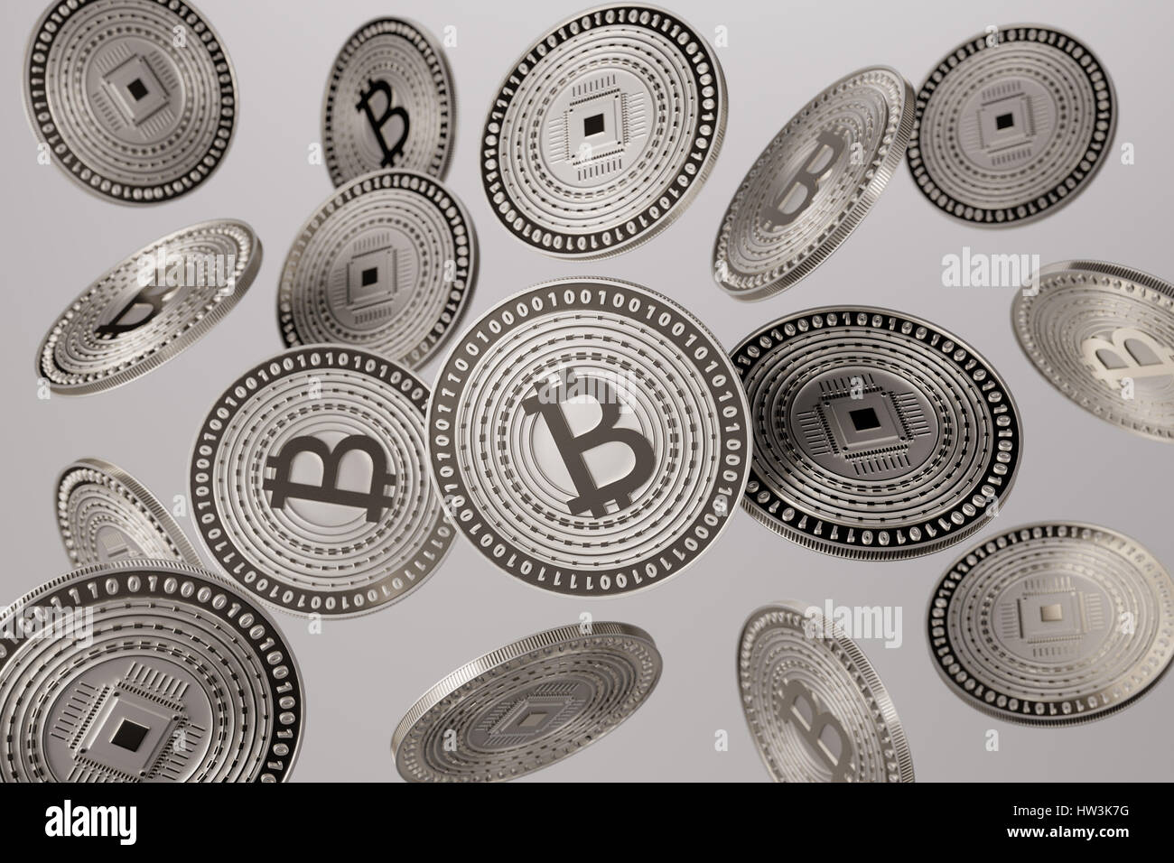 Close up of silver bitcoins tossed into the air as example for ...