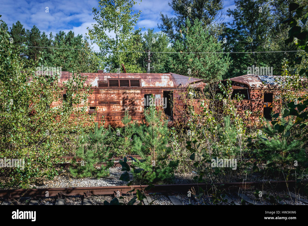 Rusty wagons in abandoned Yaniv town railway station, Chernobyl Nuclear ...