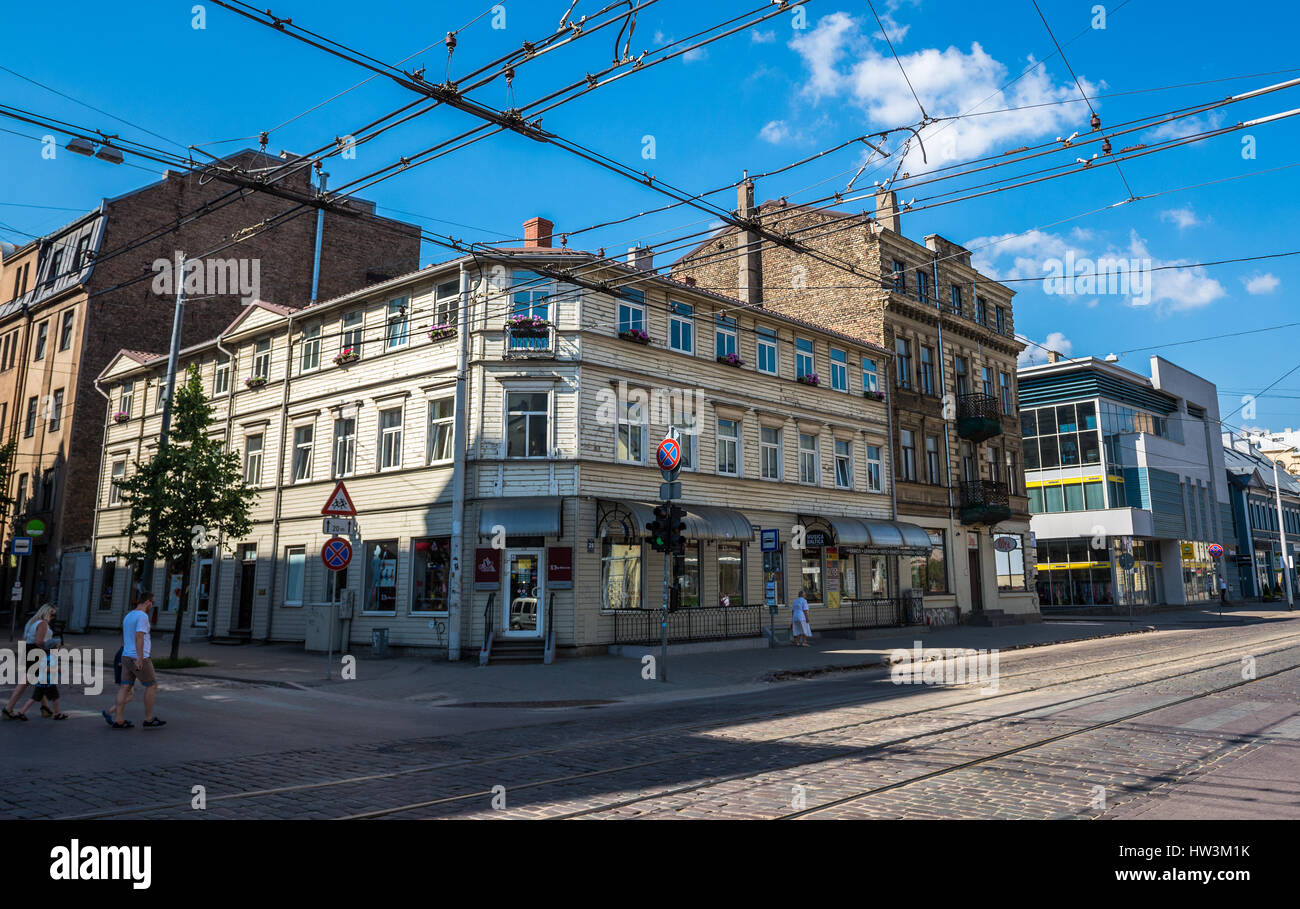 Small building with wooden facade in Gertrudes Street in Riga, capital ...