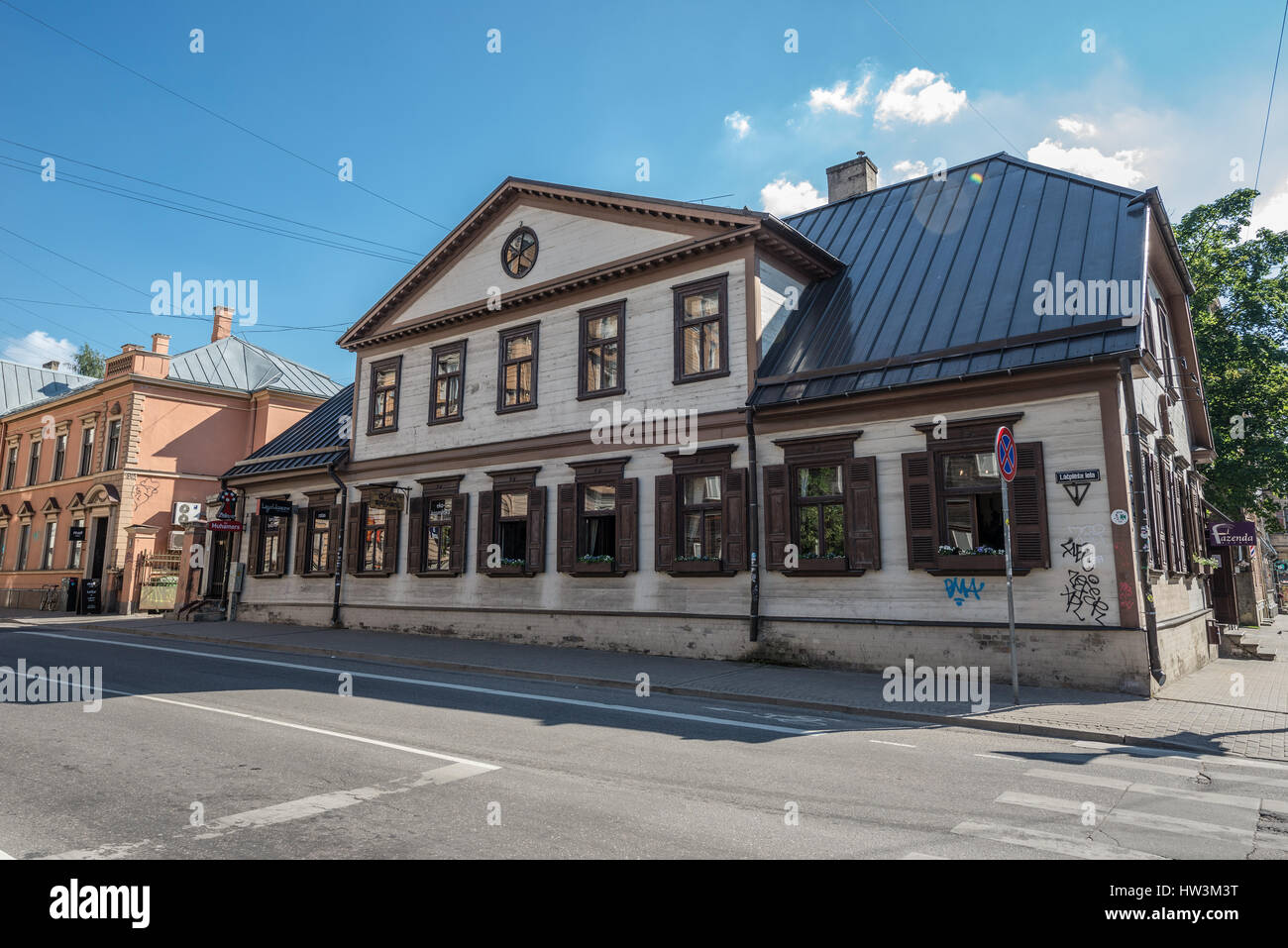 Small wooden building on Lacplesa and Baznicas cross street in Riga ...