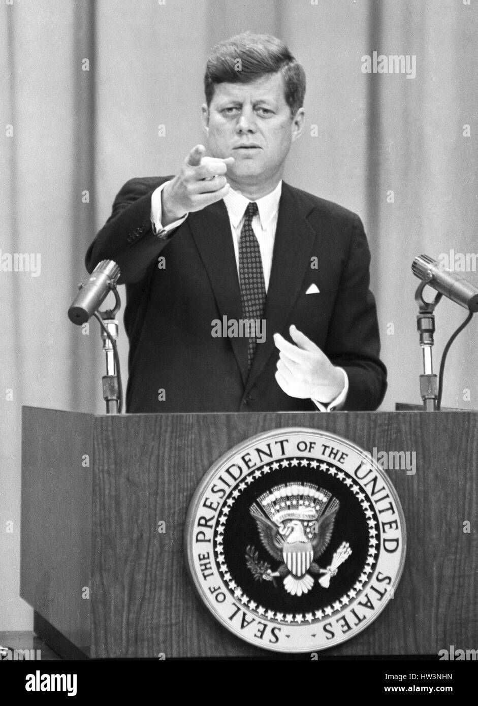 United States President John F. Kennedy conducts press conference in ...