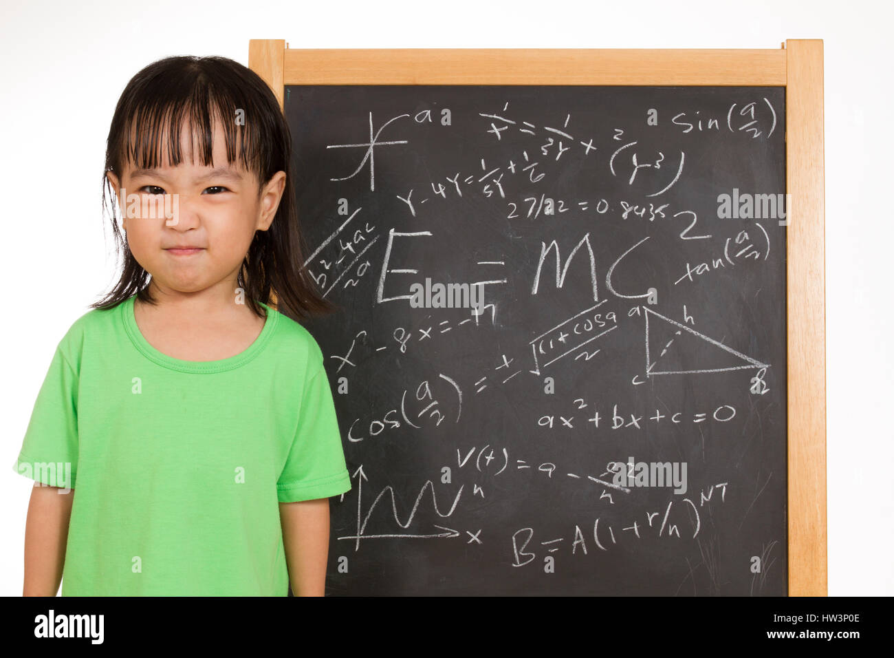 Asian Chinese children againts blackboard or chalkboard with formulas ...