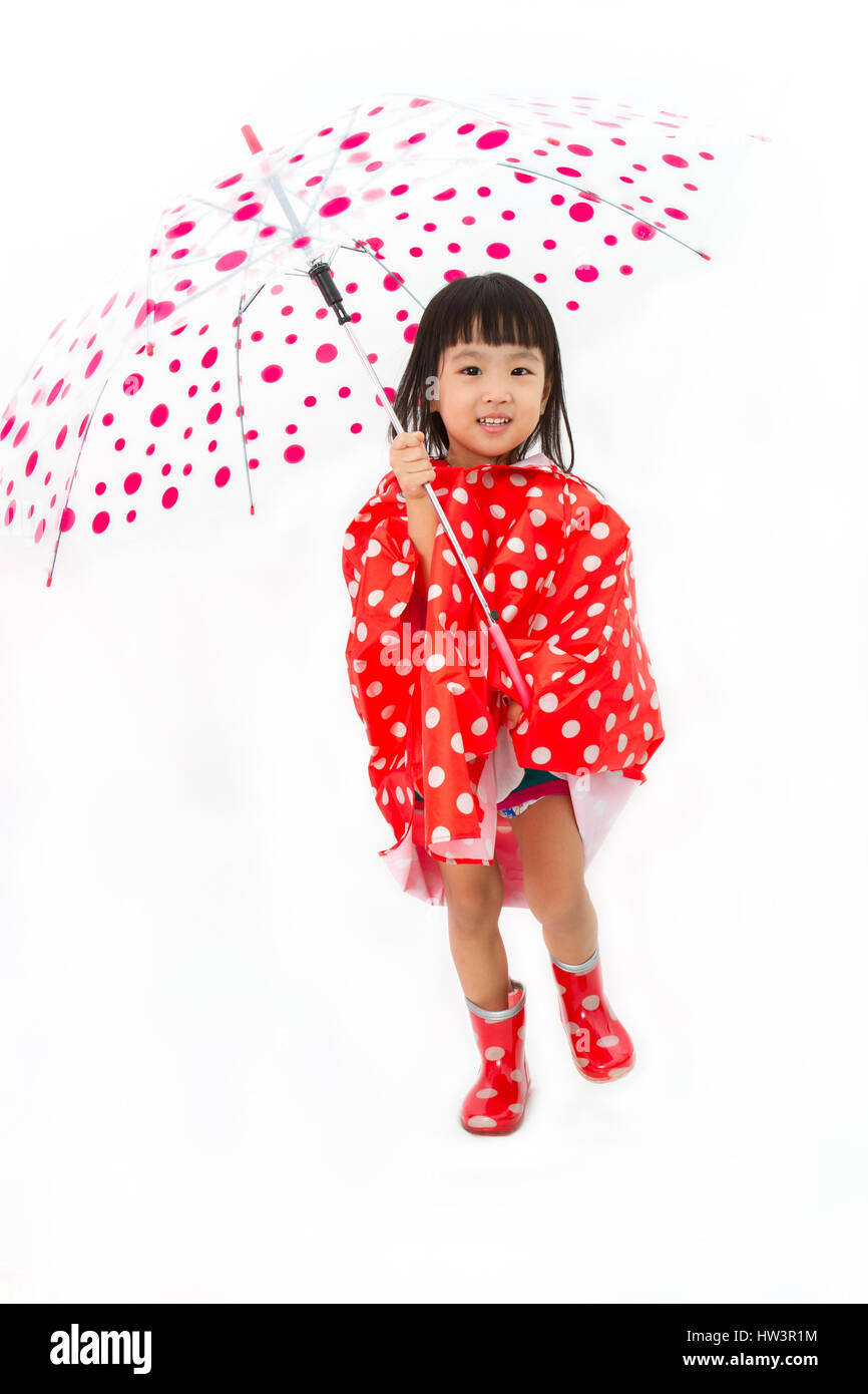 Chinese Little Girl Holding umbrella with raincoat in plain white ...