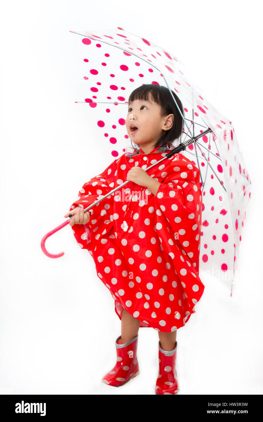 Chinese Little Girl Holding umbrella with raincoat in plain white ...