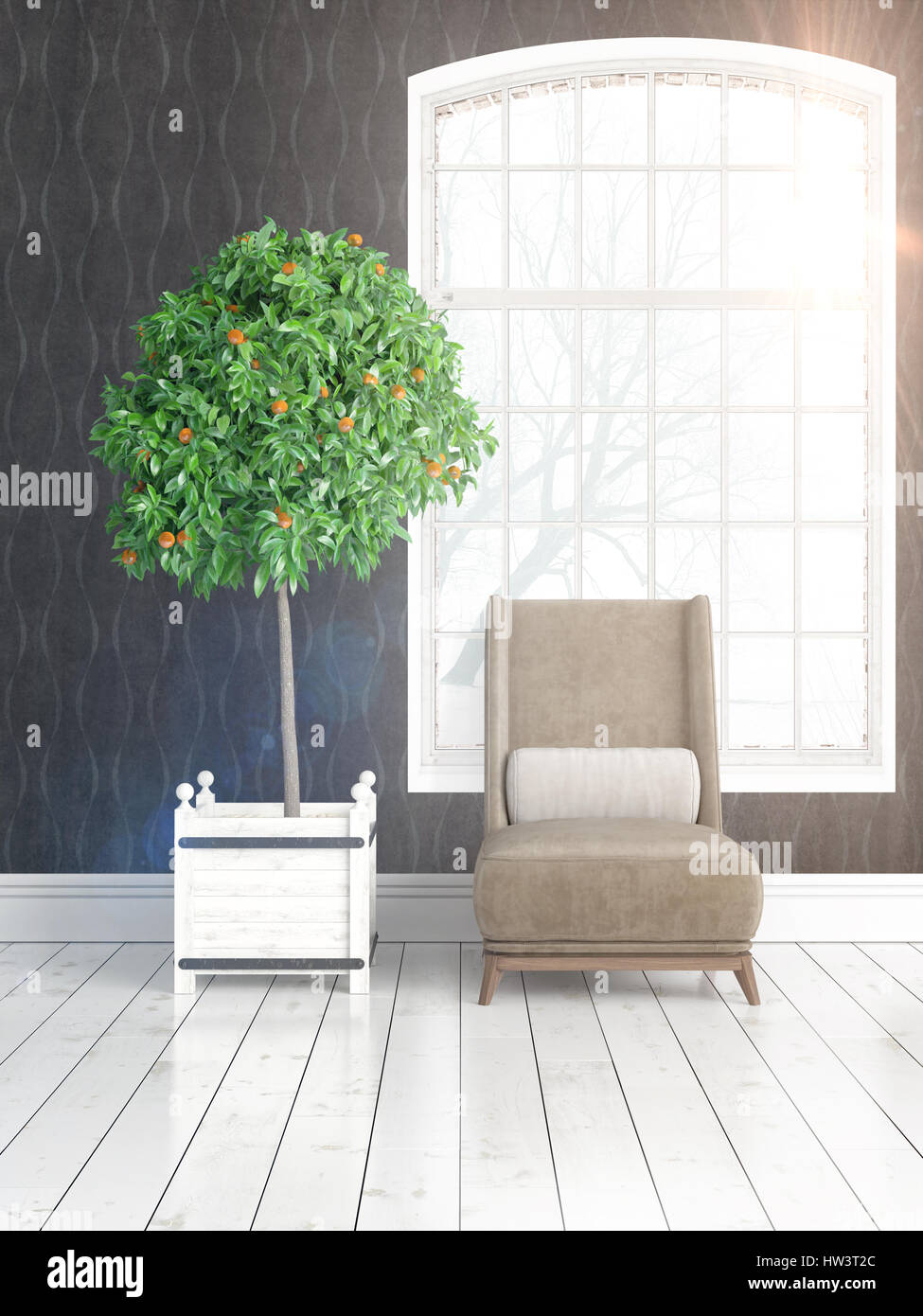 Modern bright interior with large window . 3D rendering Stock Photo - Alamy