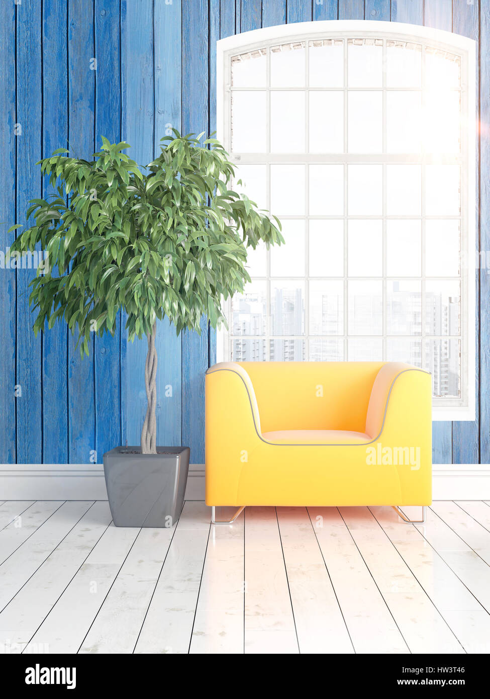 Modern bright interior with large window . 3D rendering Stock Photo - Alamy