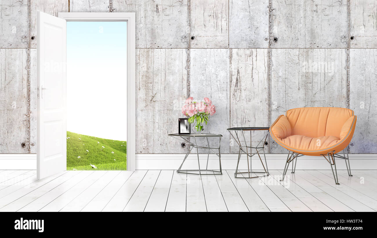 Modern bright interior with open door . 3D rendering Stock Photo - Alamy