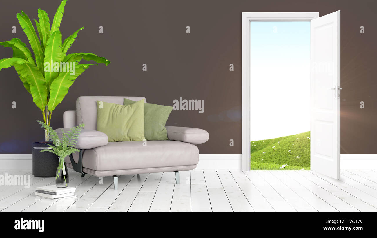 Modern bright interior with open door . 3D rendering Stock Photo - Alamy