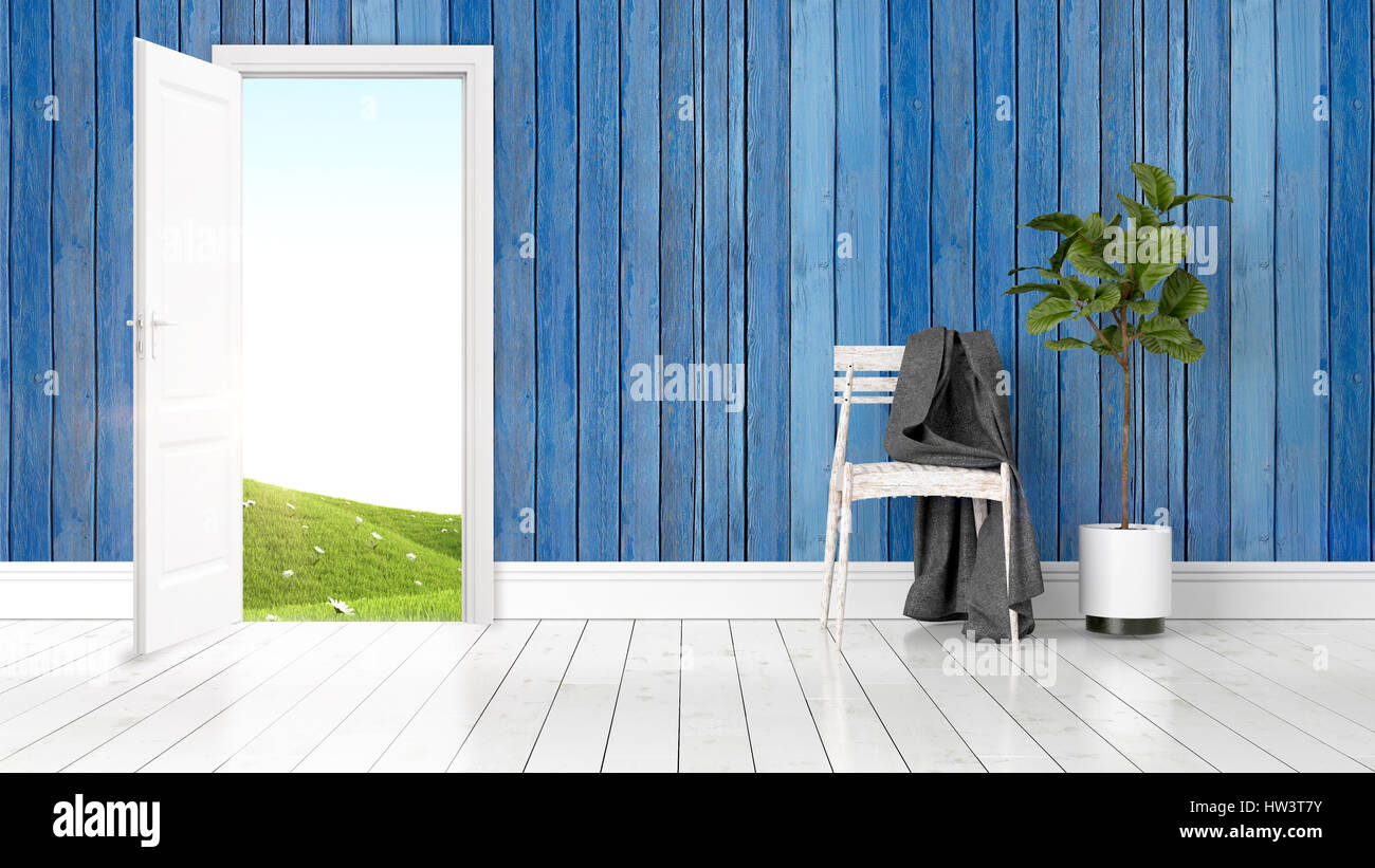 Modern bright interior with open door . 3D rendering Stock Photo - Alamy