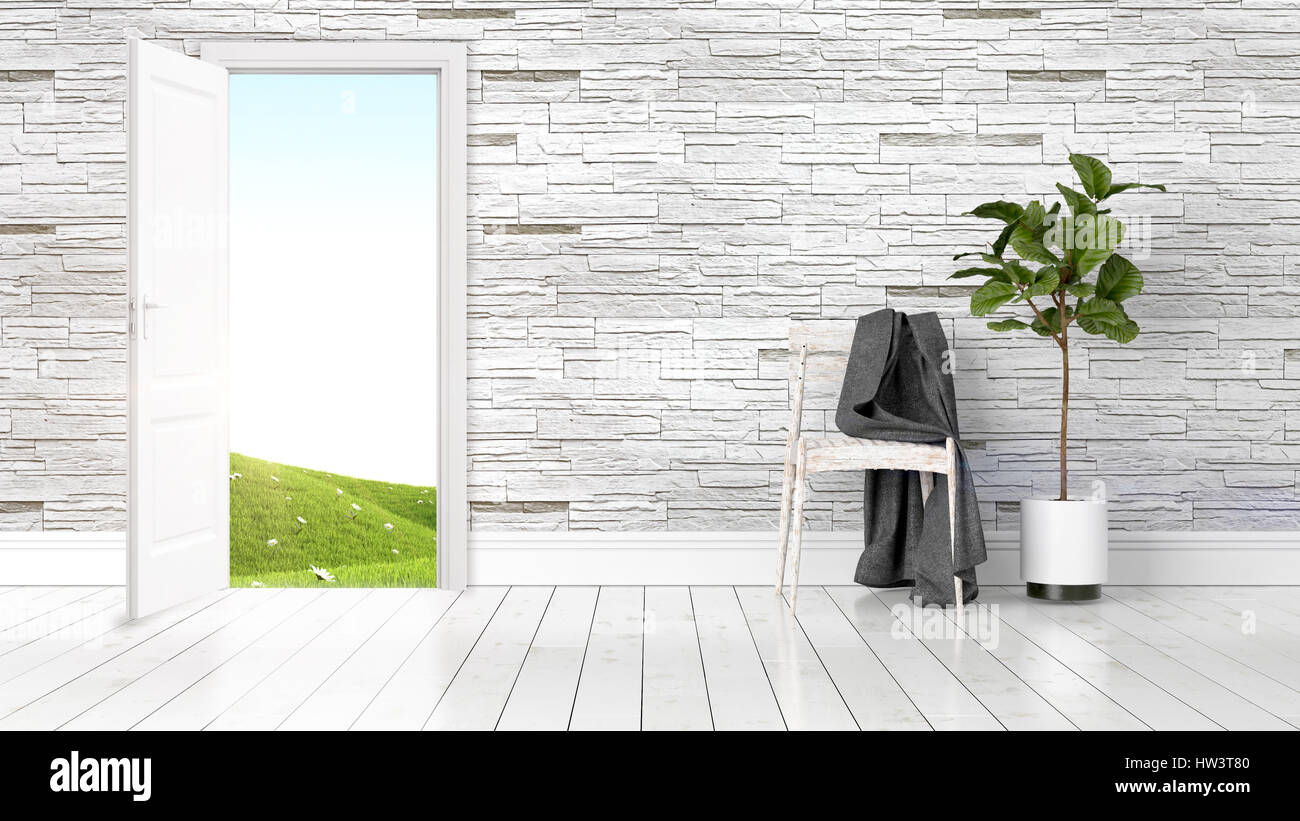 Modern bright interior with open door . 3D rendering Stock Photo - Alamy