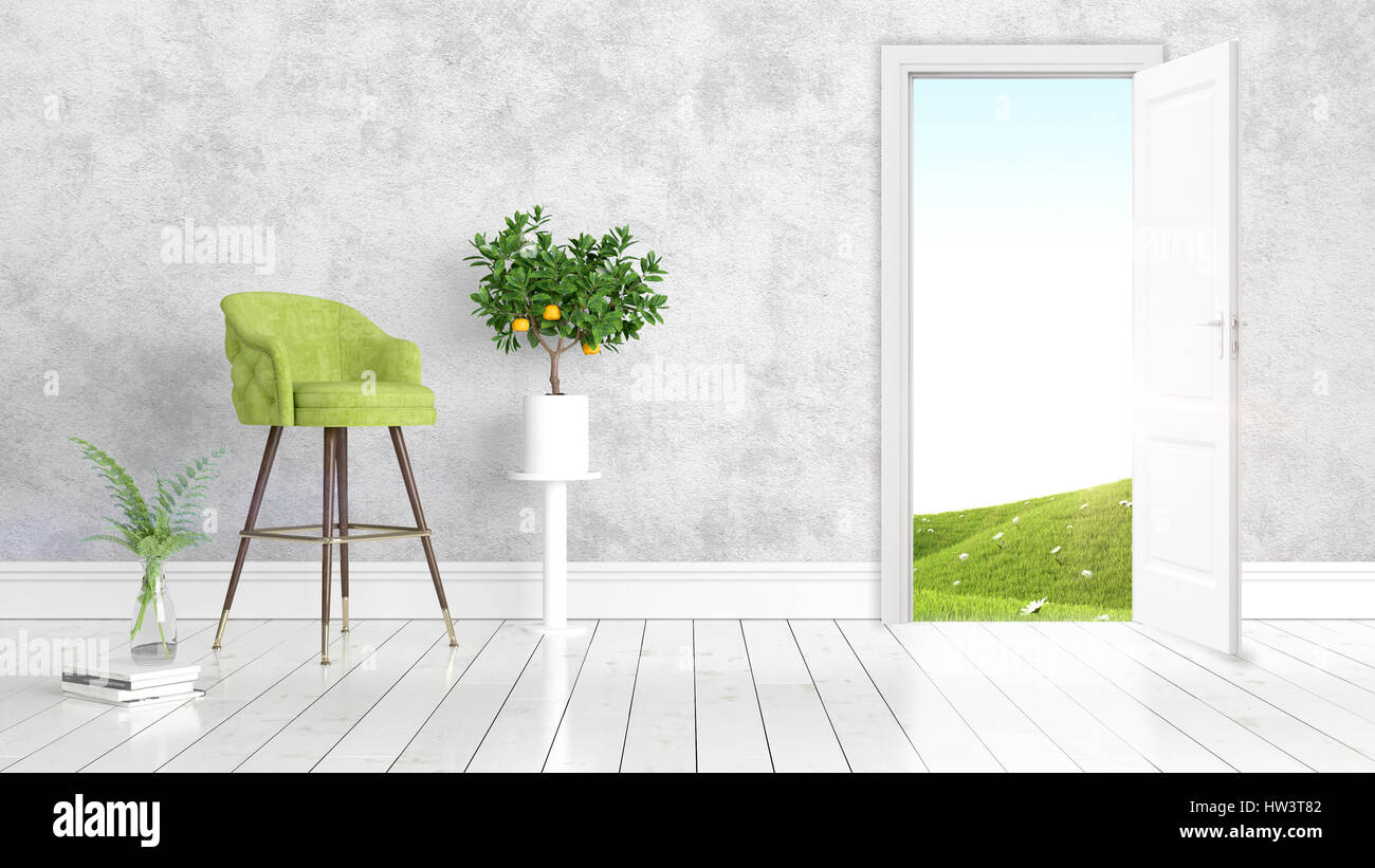 Modern bright interior with open door . 3D rendering Stock Photo - Alamy