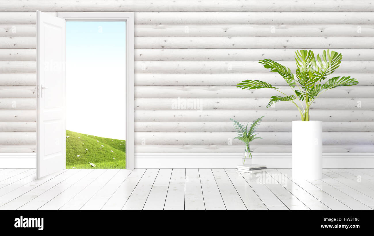 Modern bright interior with open door . 3D rendering Stock Photo - Alamy