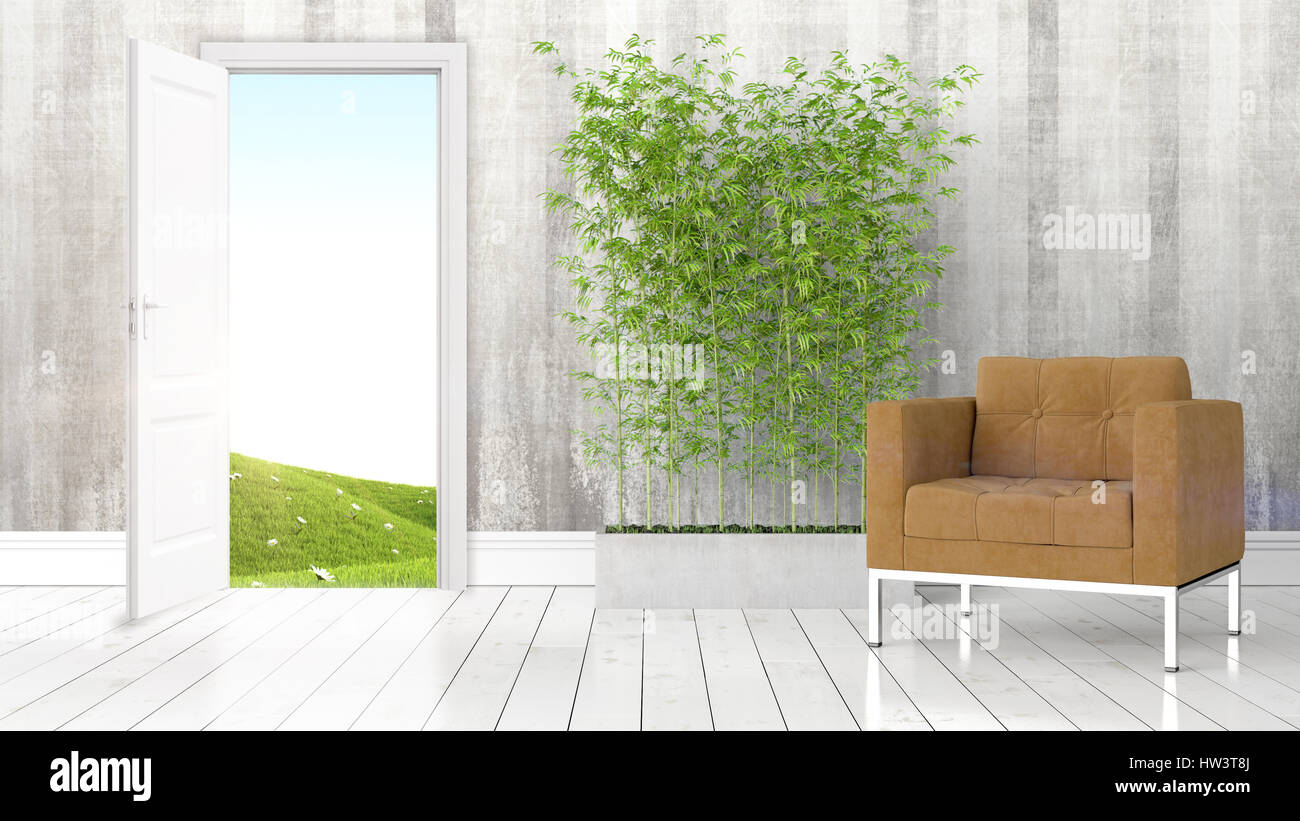 Modern bright interior with open door . 3D rendering Stock Photo - Alamy