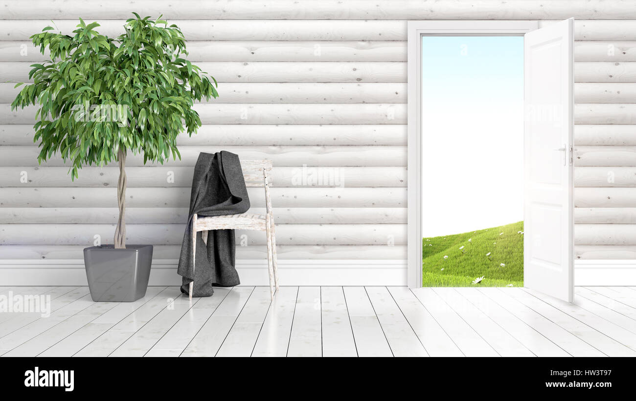 Modern bright interior with open door . 3D rendering Stock Photo - Alamy