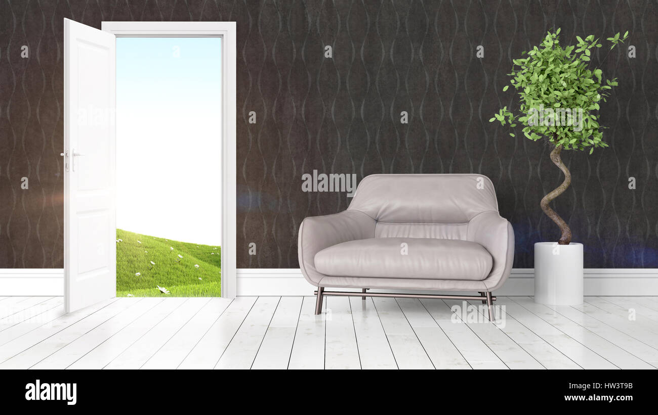 Modern bright interior with open door . 3D rendering Stock Photo - Alamy