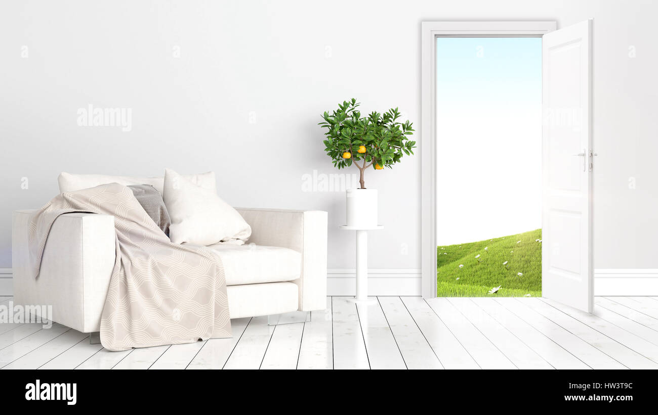 Modern bright interior with open door . 3D rendering Stock Photo - Alamy