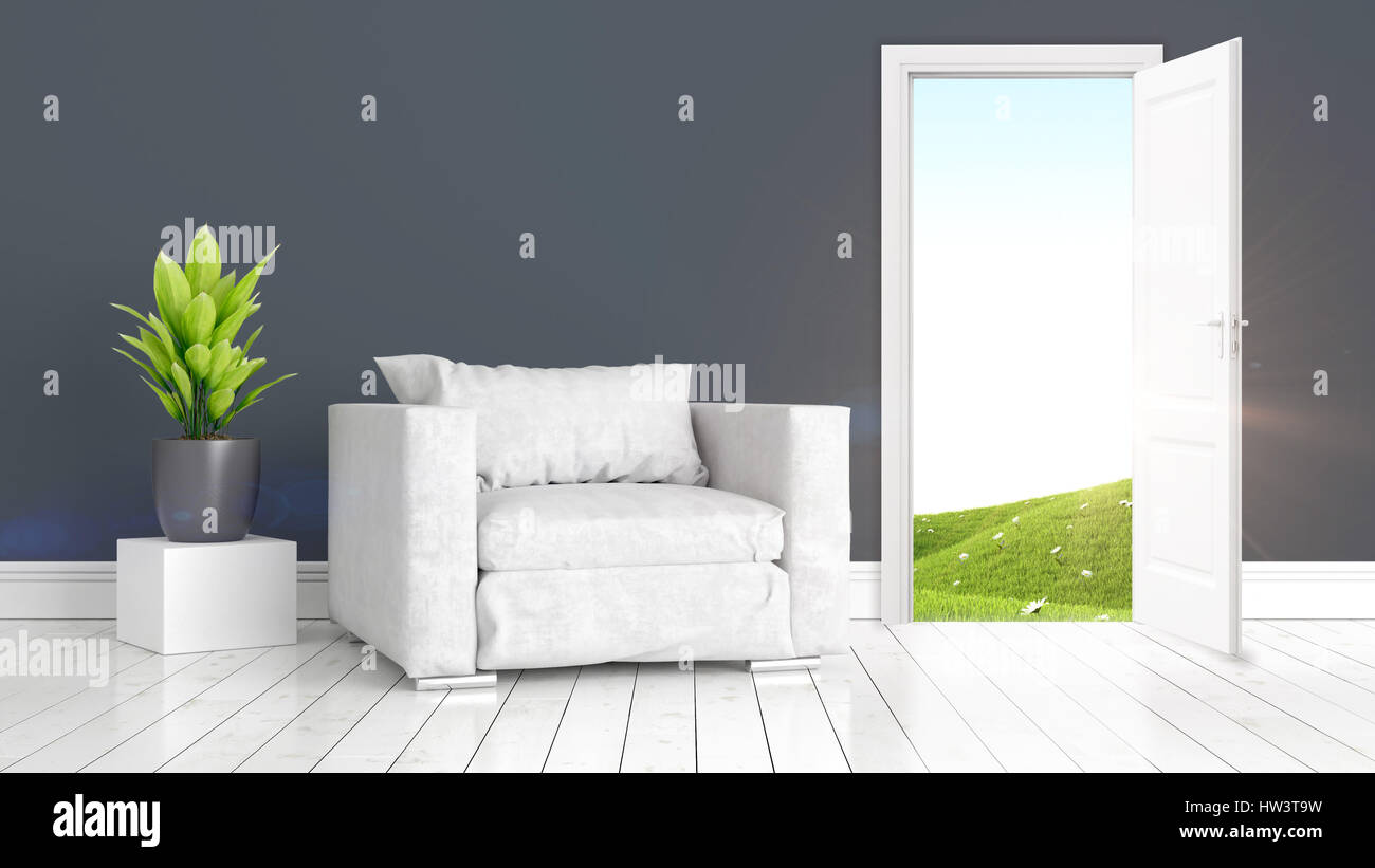 Modern bright interior with open door . 3D rendering Stock Photo - Alamy