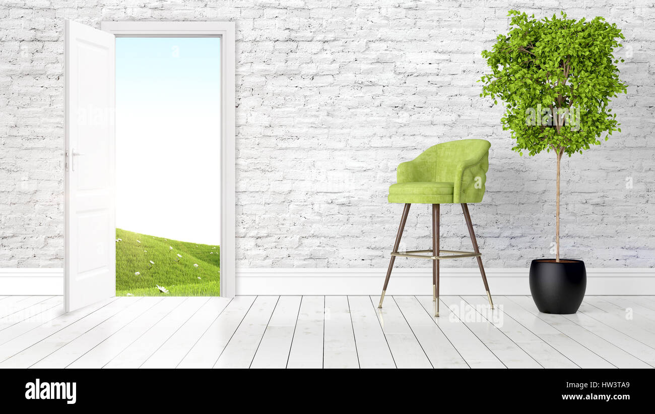 Modern bright interior with open door . 3D rendering Stock Photo - Alamy