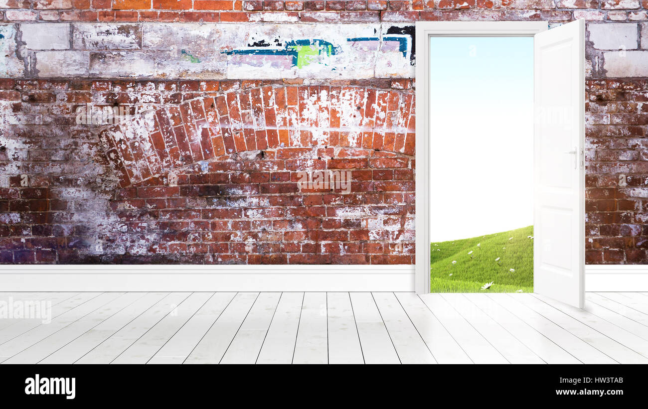 Modern bright interior with open door . 3D rendering Stock Photo - Alamy