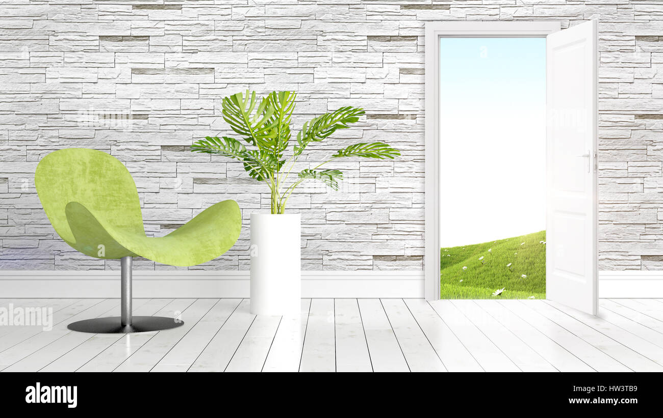 Modern bright interior with open door . 3D rendering Stock Photo - Alamy