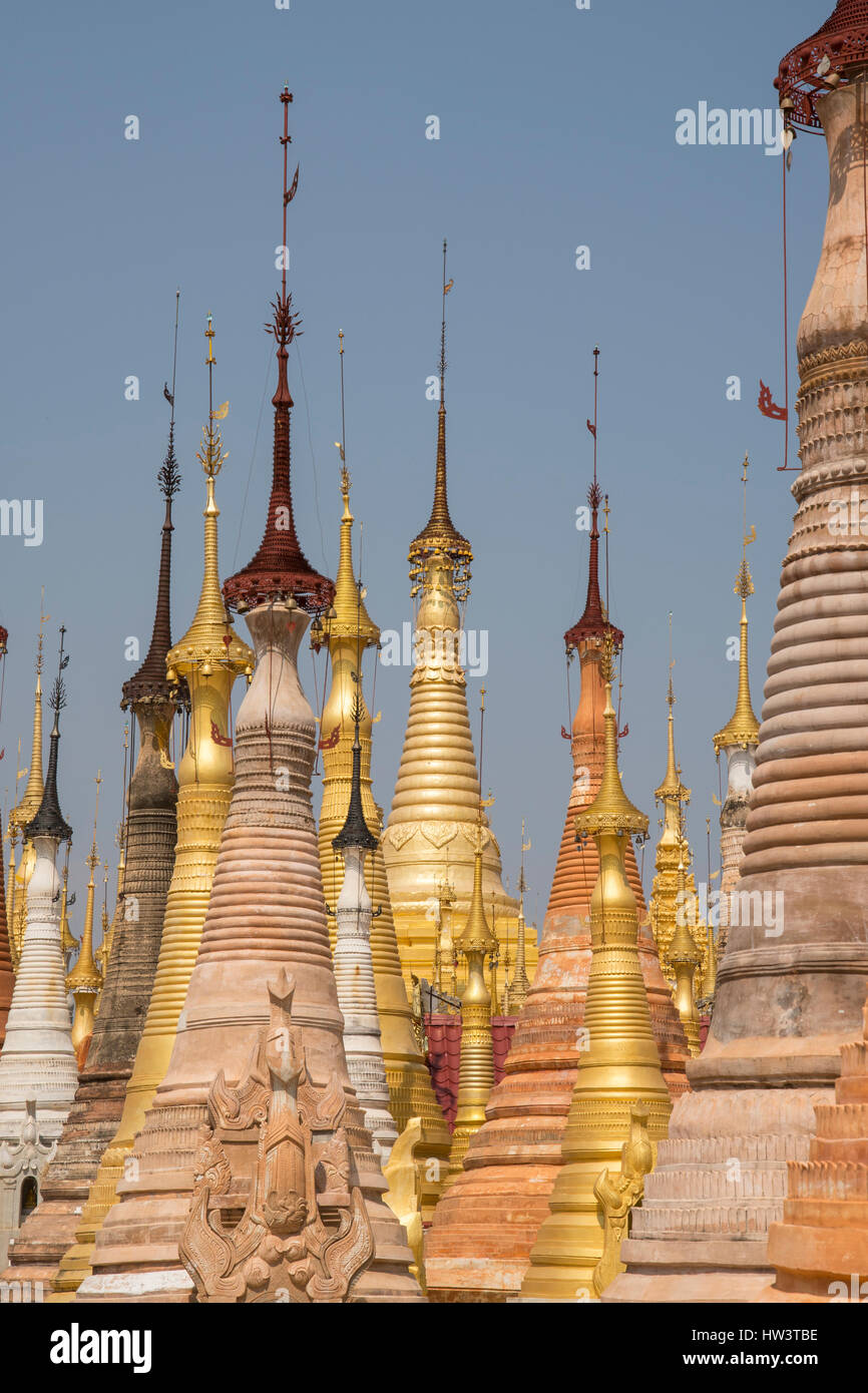 Stupas at Inlay Shwe Inn Tain Pagoda, Indein, Myanmar Stock Photo - Alamy