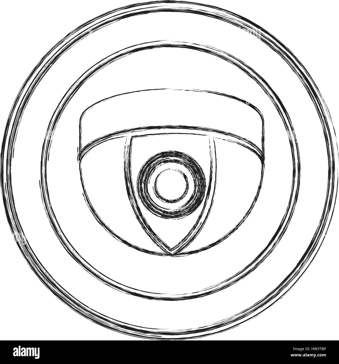 monochrome sketch of video security camera in shape dome in circular ...