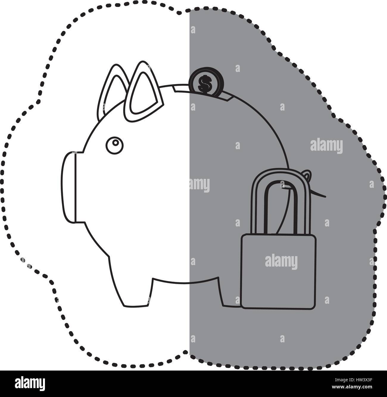 monochrome contour sticker of money box in shape of piggy and padlock ...