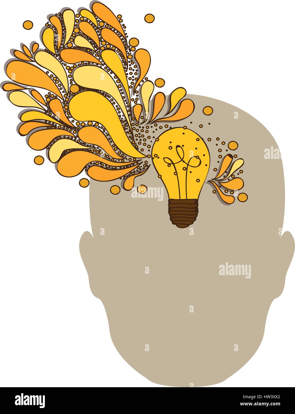 silhouette of human face with light bulb with sparks of light coming ...