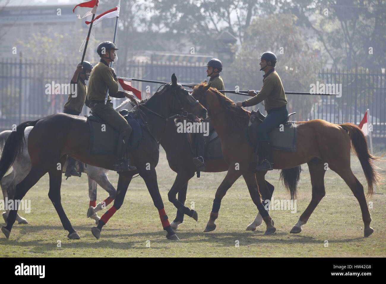 Kathmandu, Nepal. 17th Mar, 2017. Nepalese Army soldiers on horses ...