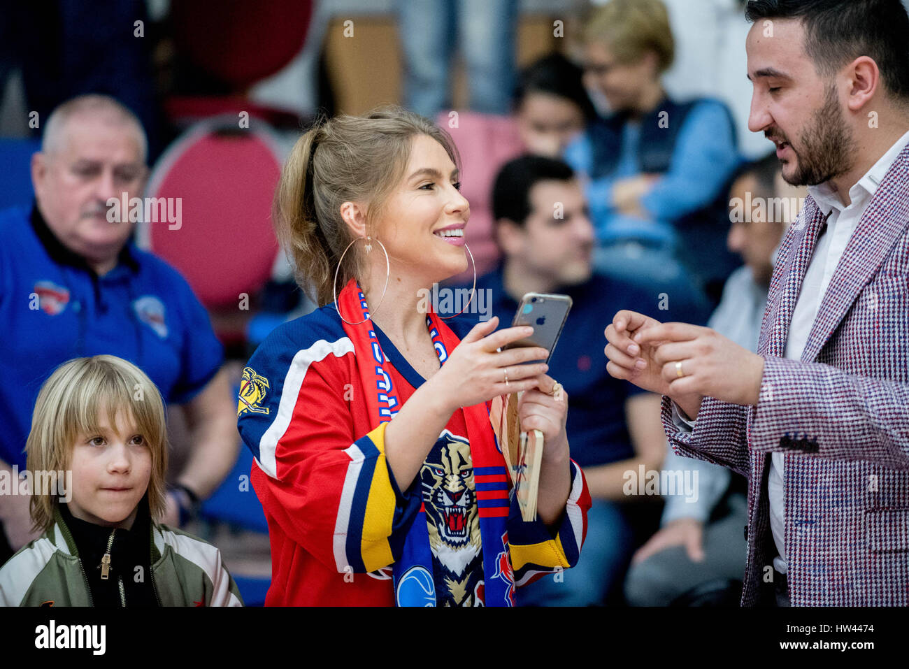 March 15, 2017: Corina a romanian singer during the LNBM - Men's ...