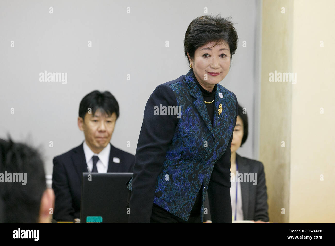 Tokyo, Japan. 17th March, 2017. Tokyo Governor Yuriko Koike attends her ...