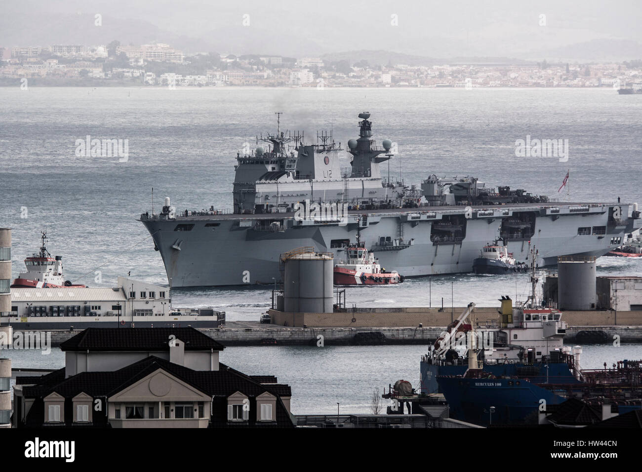 Gibraltar. 17th March 2017. The Birtish Royal Navy carrier HMS Ocean ...