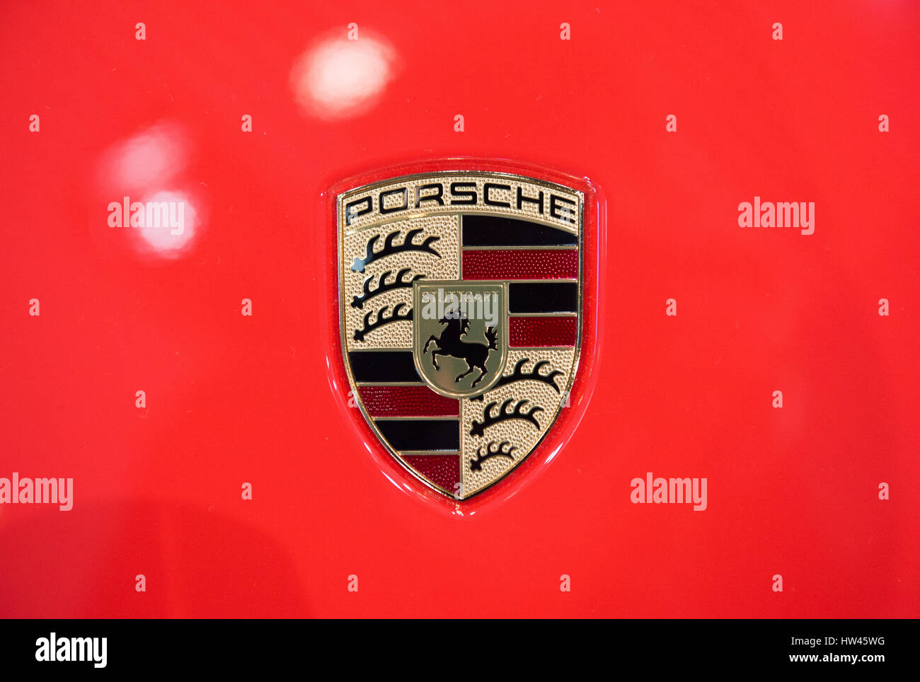 Stuttgart, Germany. 17th Mar, 2017. The Porsche logo on the bonnet of a ...