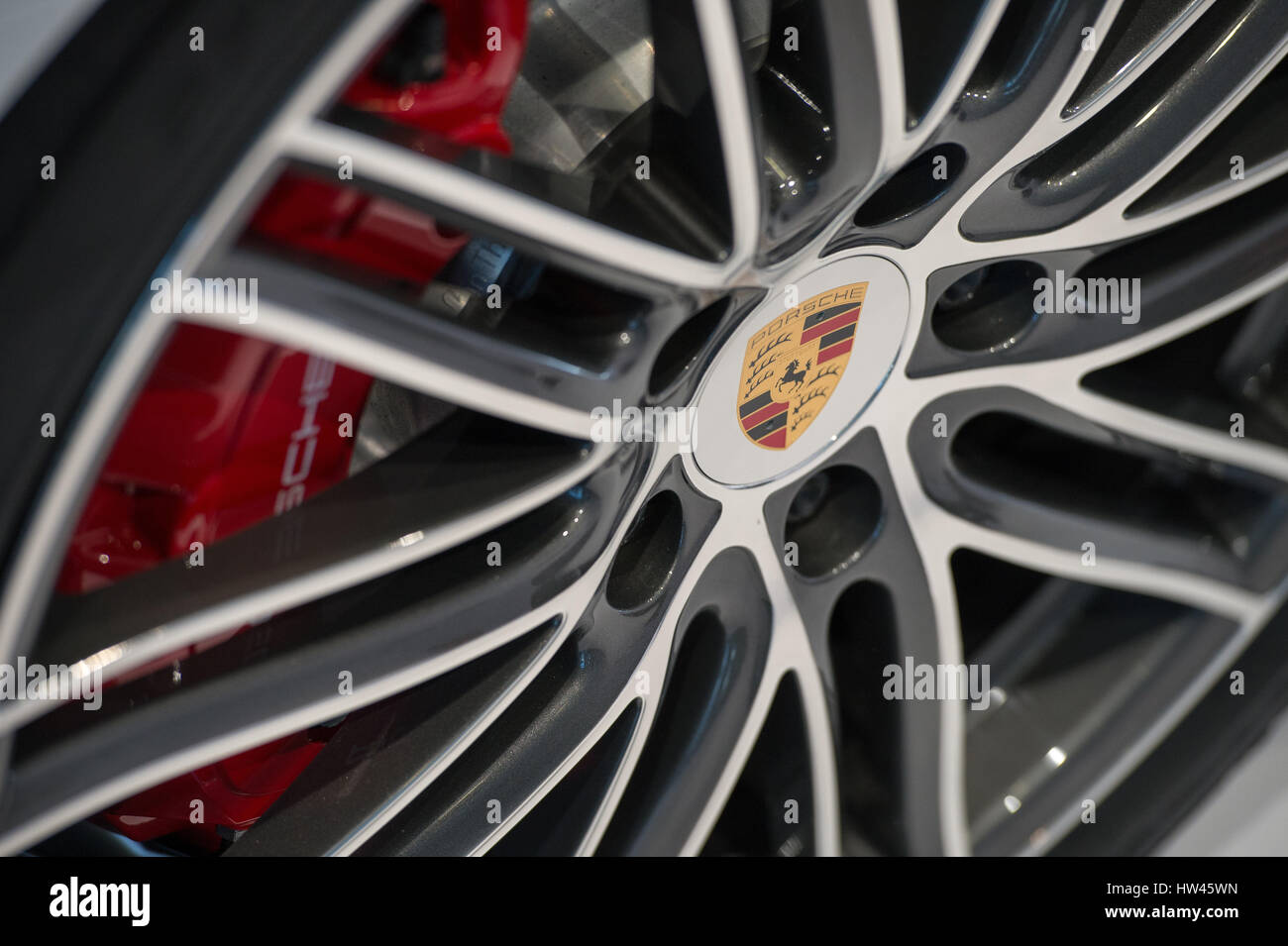 Stuttgart, Germany. 17th Mar, 2017. The wheel of a Porsche 911 GT3 ...