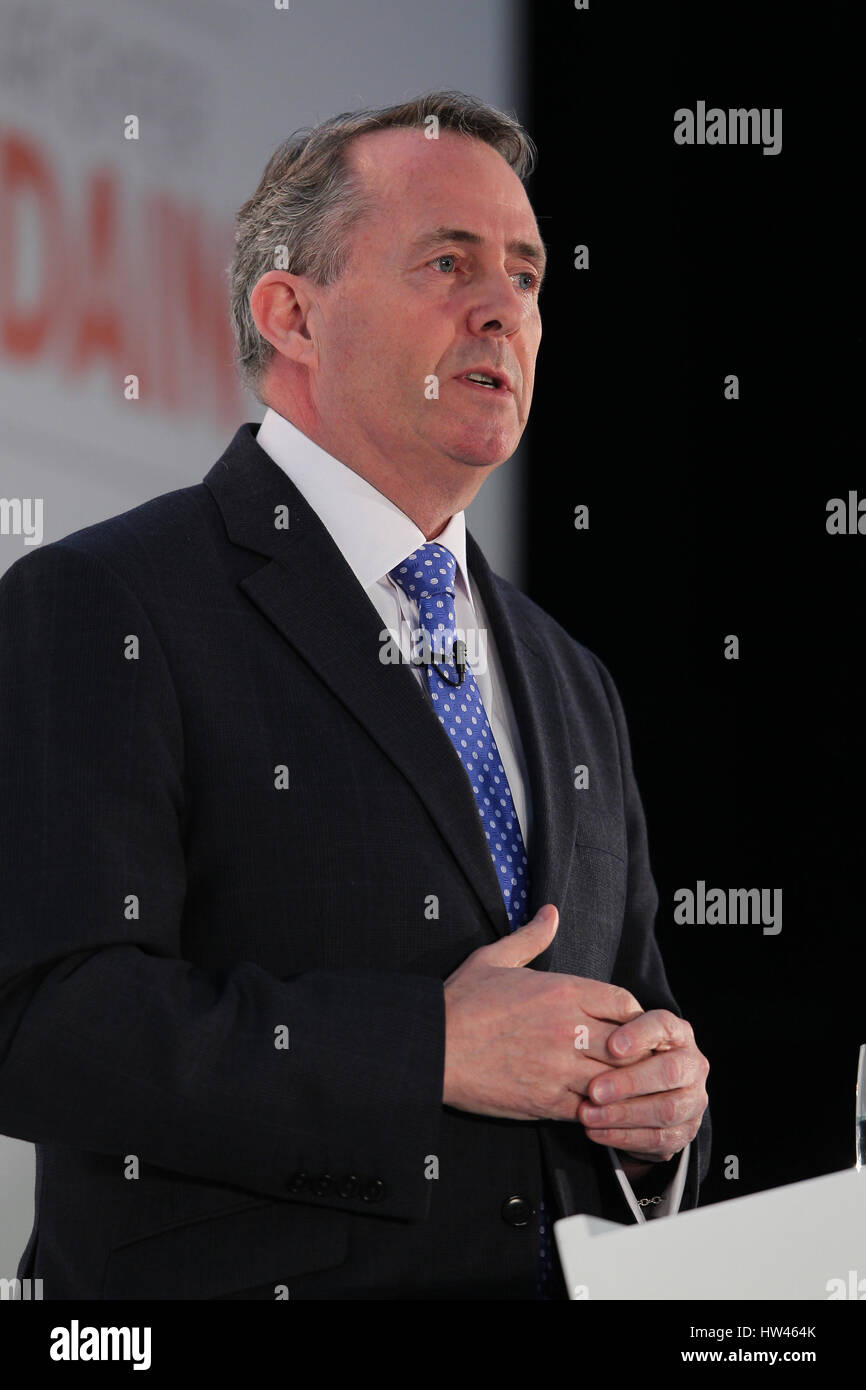 Cardiff, UK, 17th Mar, 2017. Liam Fox MP, Secretary of State for ...