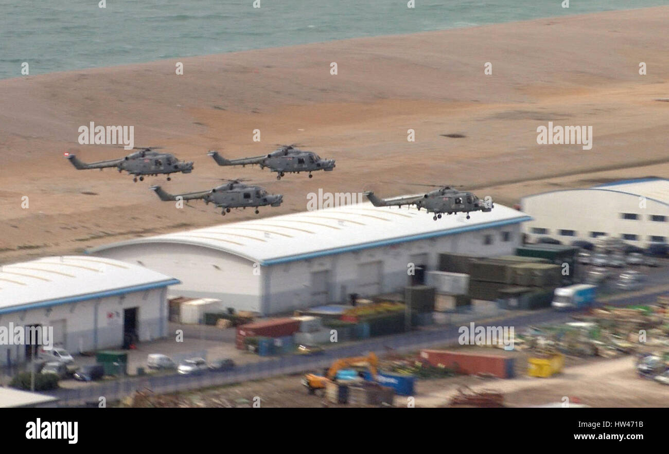 Portland, Dorset, UK. 17th Mar, 2017. Farewell fly past of four LYNX ...