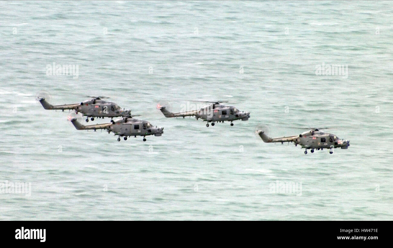 Portland, Dorset, UK. 17th Mar, 2017. Farewell fly past of four LYNX ...