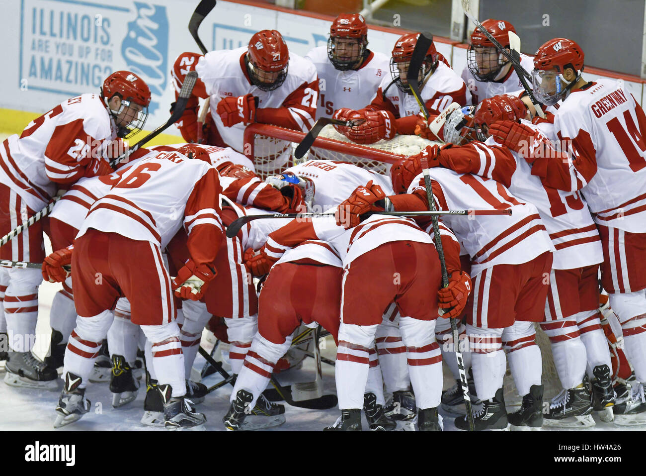 Detroit, Michigan, USA. 17th Mar, 2017. Wisconsin Badger team huddles ...