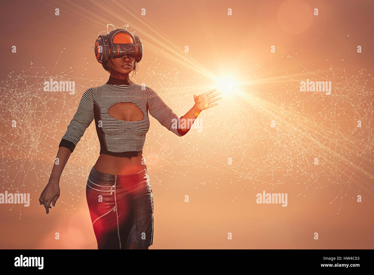 Woman using virtual reality helmet Stock Photo - Alamy