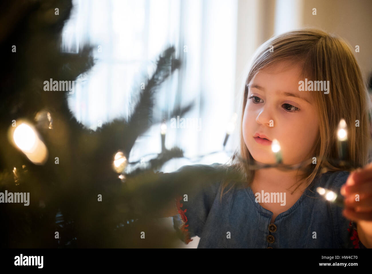 Caucasian girl hanging lights on Christmas tree Stock Photo - Alamy
