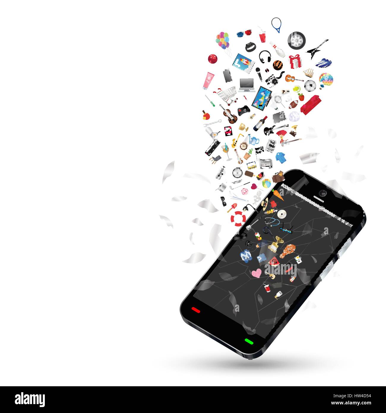 smartphone with many shopping objects floating on a white background ...