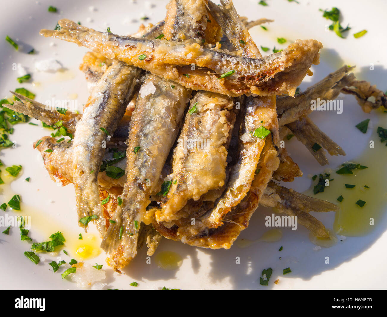 Food, fried anchovies. Pasai Donibane. Fishing village of Pasajes de ...