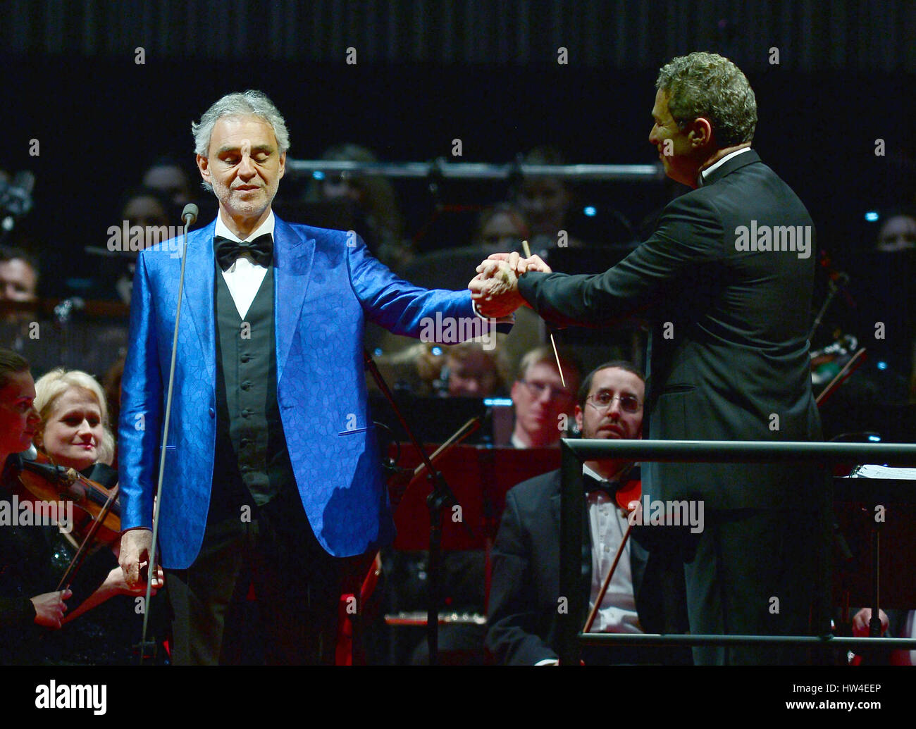 Andrea Bocelli performs live at the American Airlines Arena Featuring: Andrea Bocelli, Conductor ...