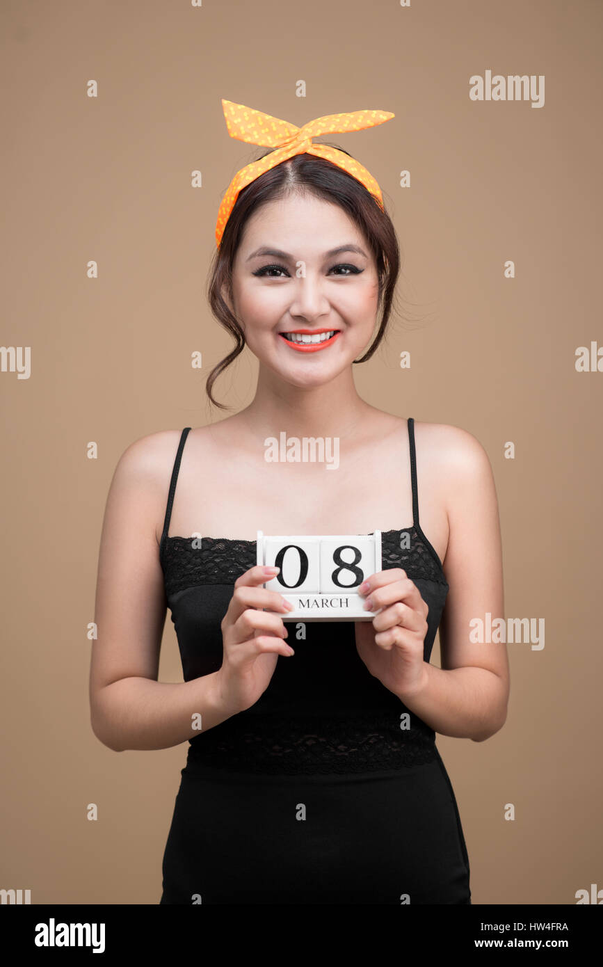 Asian beautiful woman holding March 8th Calendar Women Day Stock Photo ...