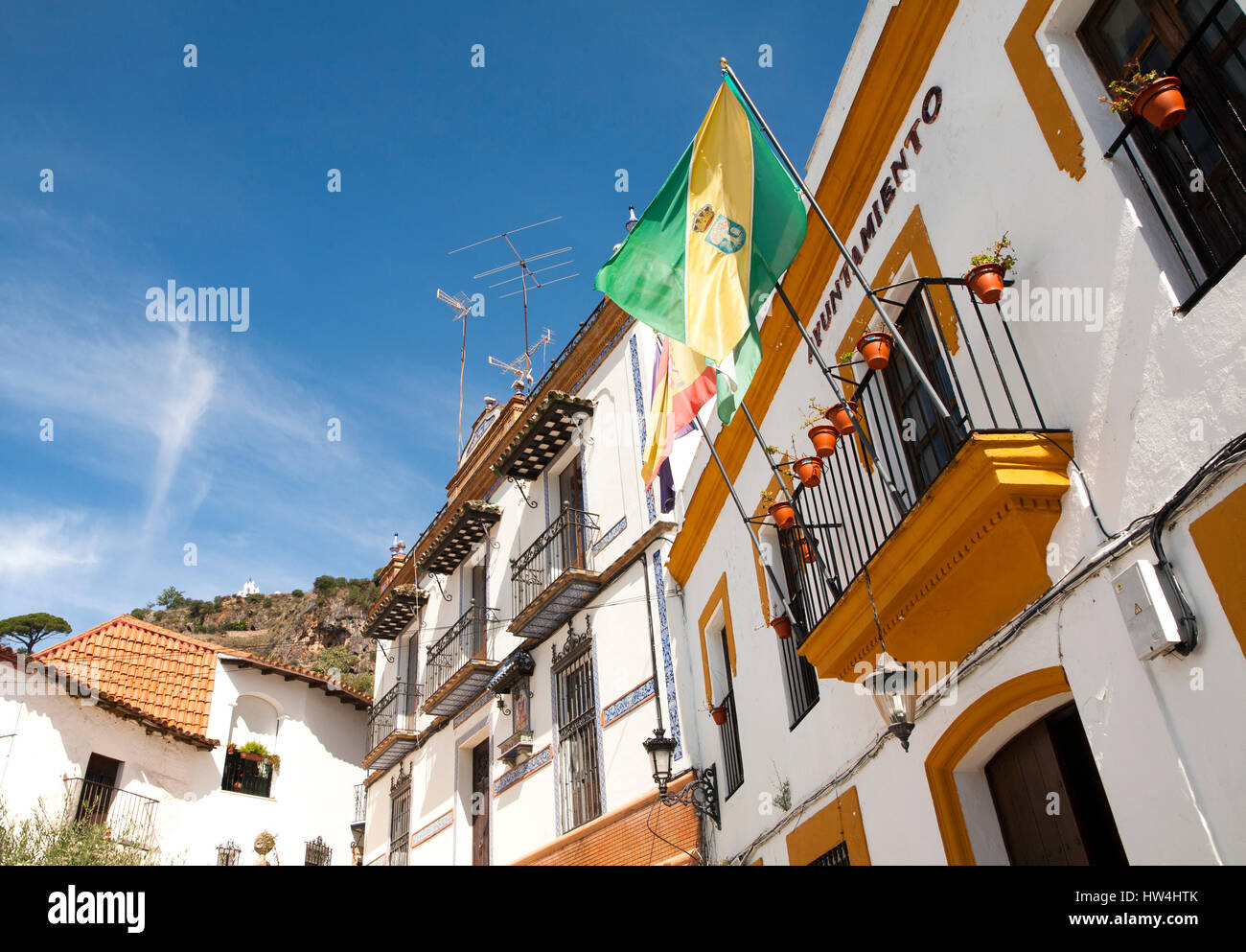 Ayuntamiento town hall building with flags in village of Alajar, Sierra ...