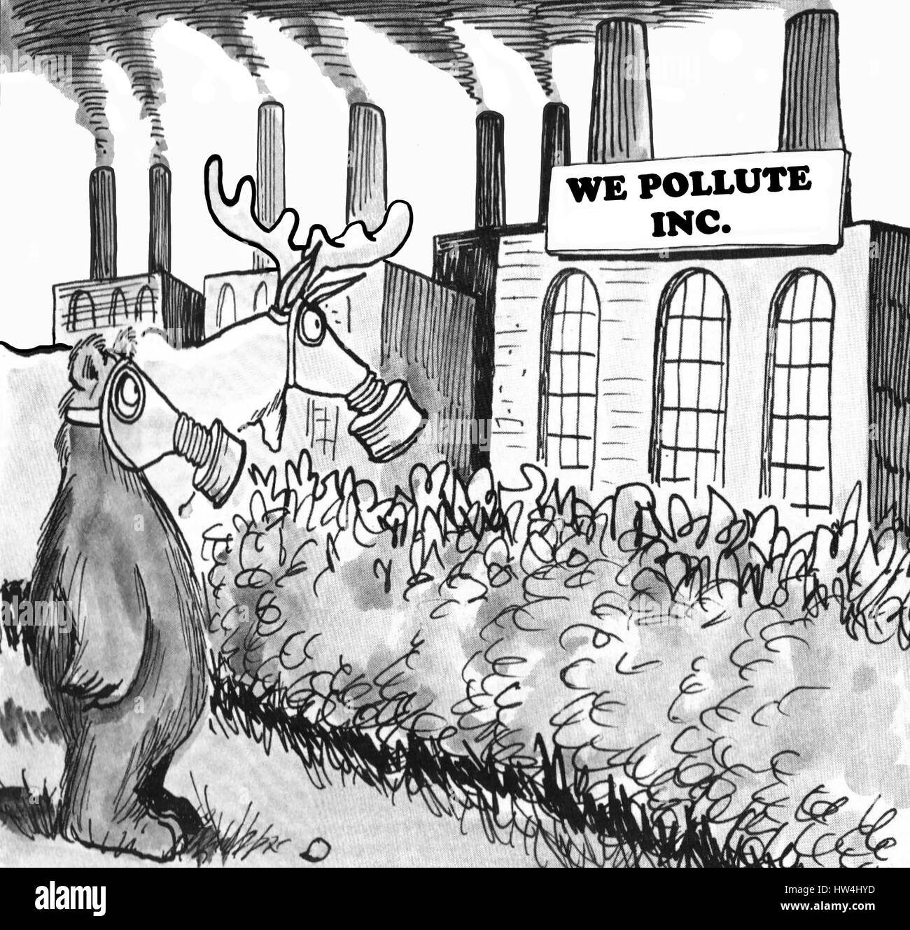 Environmental illustration showing air pollution and animals wearing ...