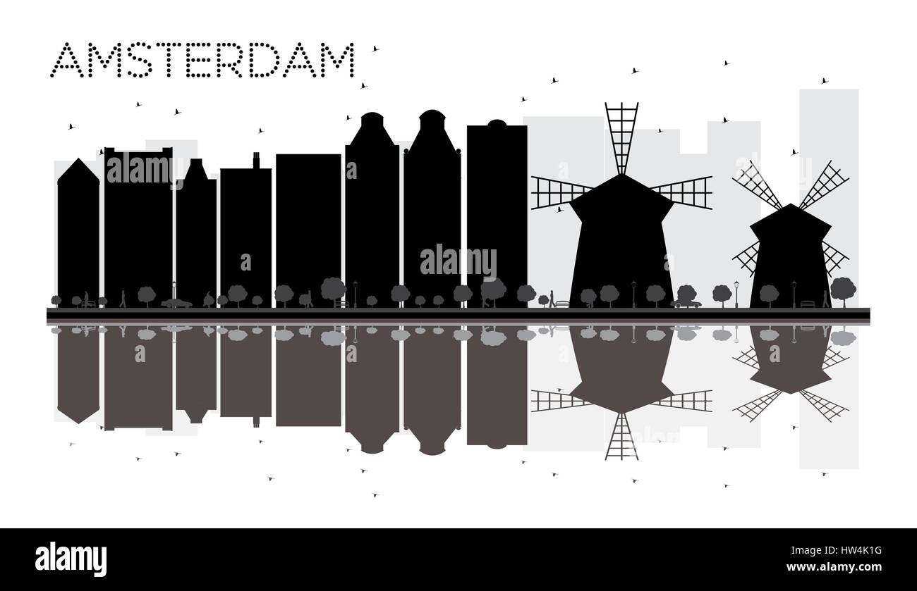 Amsterdam City skyline black and white silhouette with reflections ...
