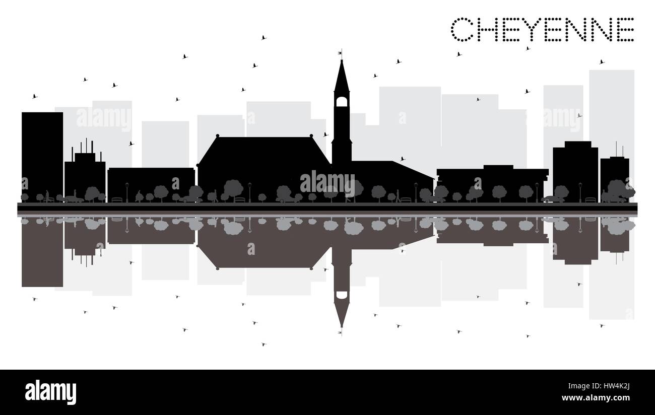 Cheyenne City skyline black and white silhouette with reflections ...