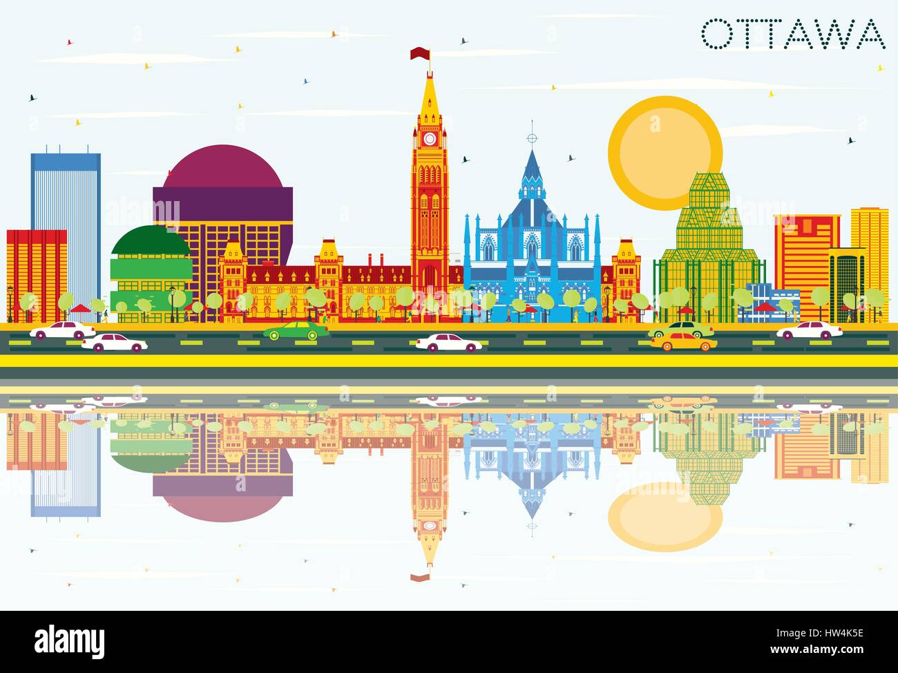 Ottawa Skyline with Color Buildings, Blue Sky and Reflections. Vector ...