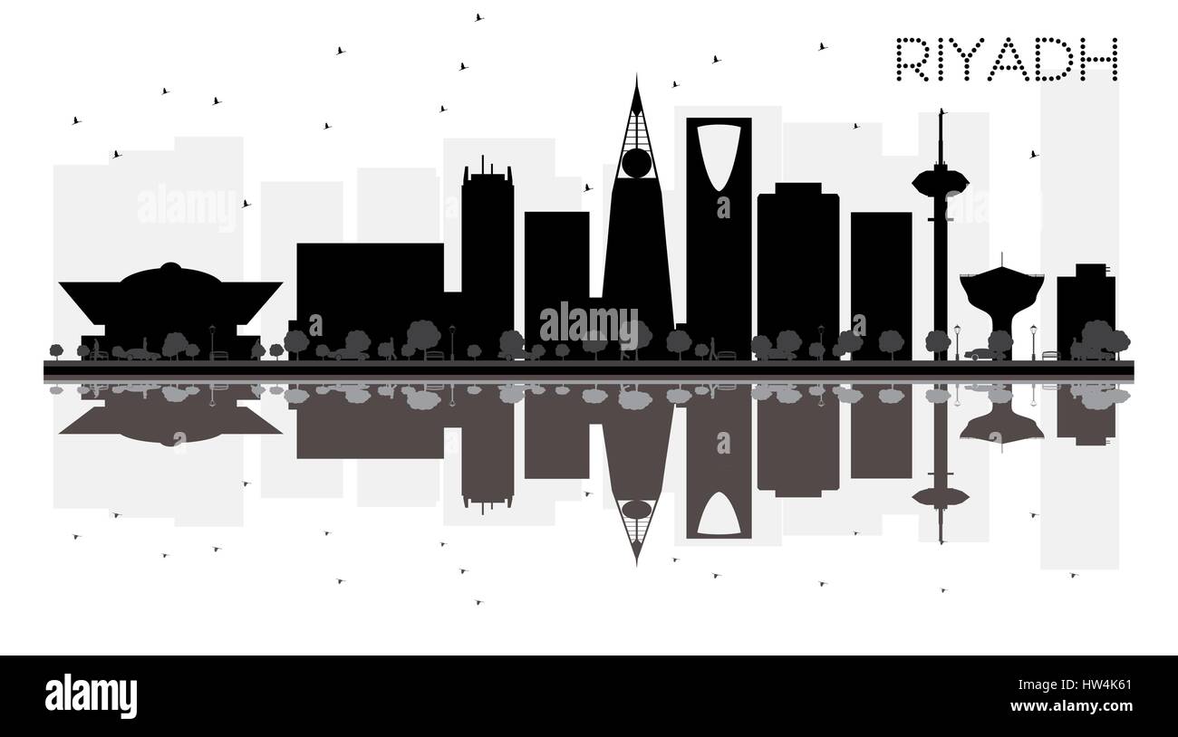 Riyadh City skyline black and white silhouette with reflections. Vector ...